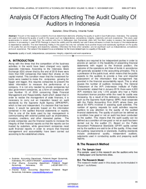 Pdf Analysis Of Factors Affecting The Audit Quality Of Auditors In Indonesia