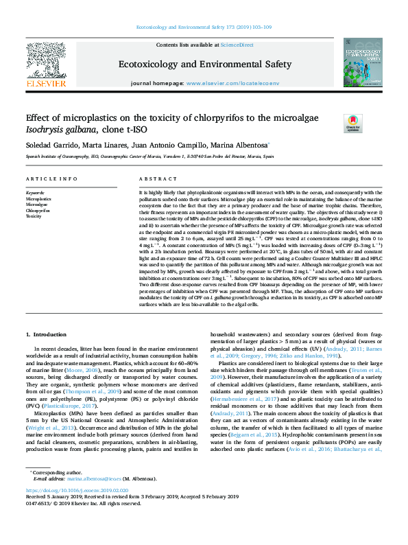(PDF) Effect of microplastics on the toxicity of chlorpyrifos to the ...