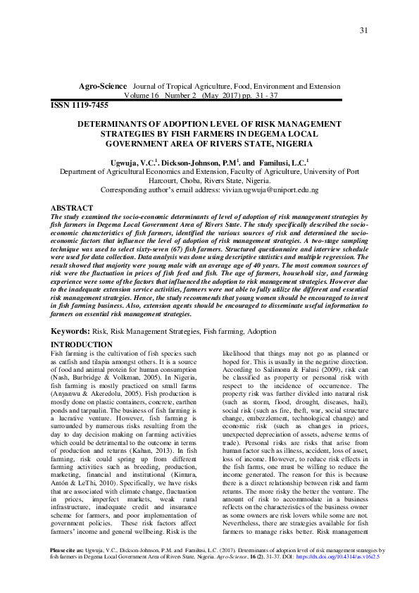 (PDF) Determinants of adoption level of risk management strategies by ...