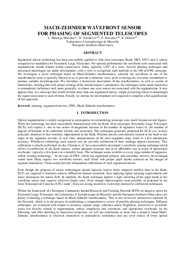 (PDF) Mach Zender wavefront sensor for phasing of segmented telescopes