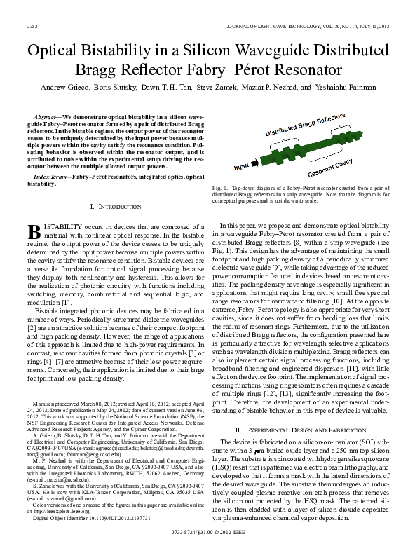 (PDF) Optical Bistability in a Silicon Waveguide Distributed Bragg Reflector Fabry–Pérot Resonator
