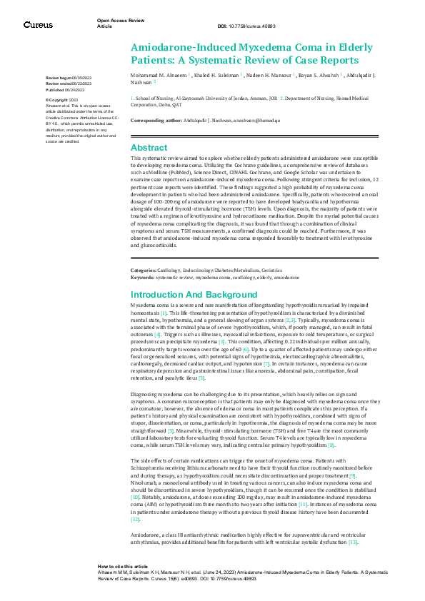 (PDF) Amiodarone-Induced Myxedema Coma in Elderly Patients: A Systematic Review of Case Reports ...