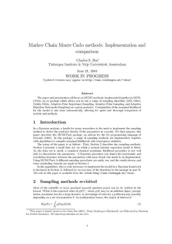 Pdf Markov Chain Monte Carlo Methods Implementation And Comparison Charles Bos