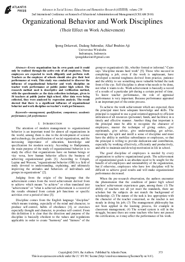 (PDF) Organizational Behavior and Work Disciplines (Their Effect on ...