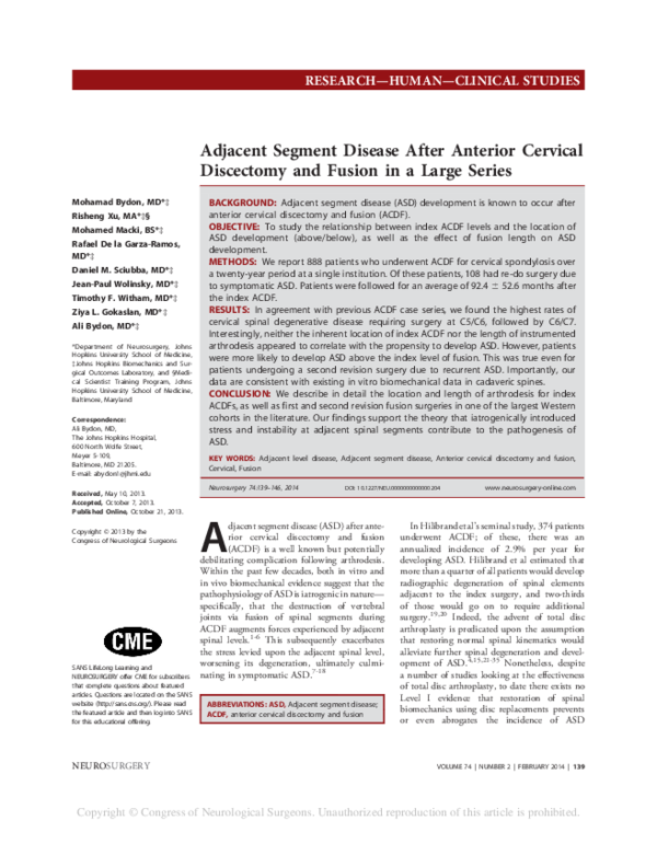 (PDF) Adjacent Segment Disease After Anterior Cervical Discectomy and ...