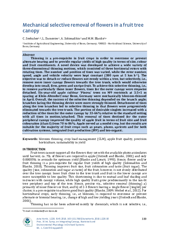 (PDF) Mechanical selective removal of flowers in a fruit tree canopy
