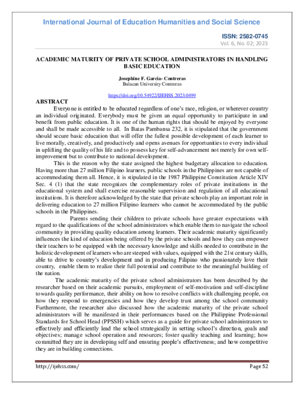(PDF) Academic Maturity of Private School Administrators in Handling Basic Education