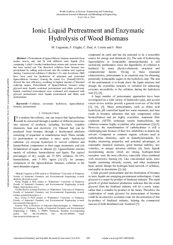 (PDF) Ionic Liquid Pretreatment And Enzymatic Hydrolysis Of Wood Biomass