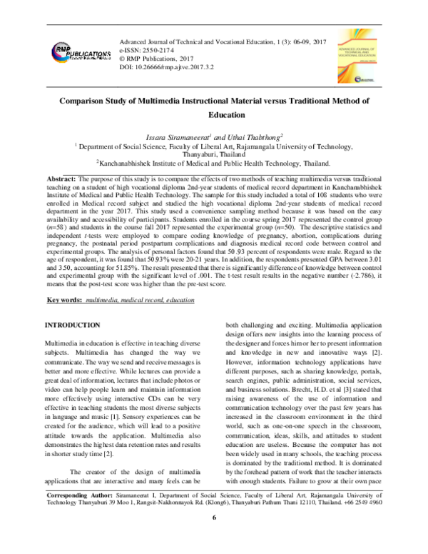 (PDF) Comparison Study of Multimedia Instructional Material versus Traditional Method of Education