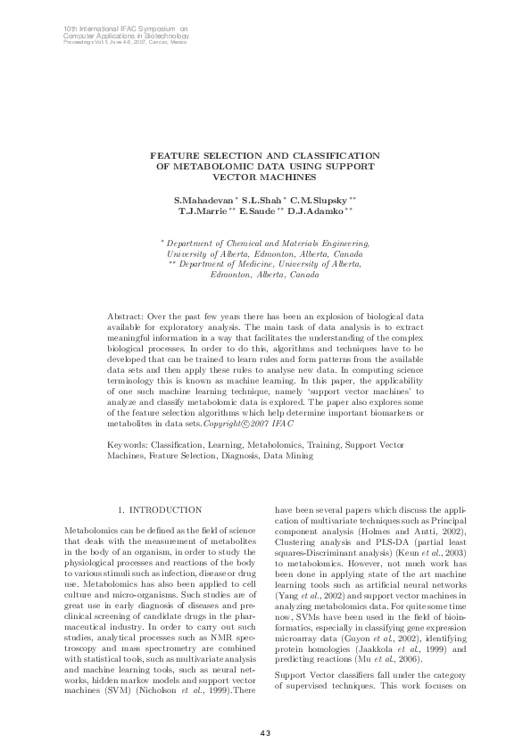 (PDF) Feature Selection and Classification of Metabolomic Data Using Support Vector Machines