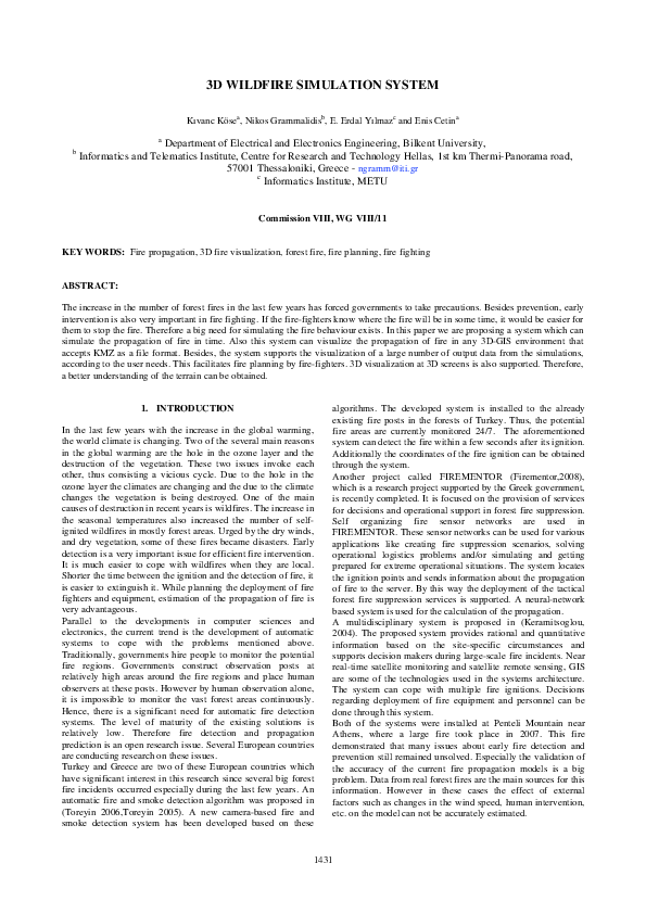 Pdf 3d Wildfire Simulation System Nikolaos Grammalidis