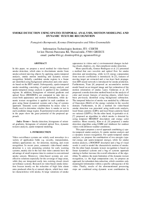 Pdf Smoke Detection Using Spatio Temporal Analysis Motion Modeling