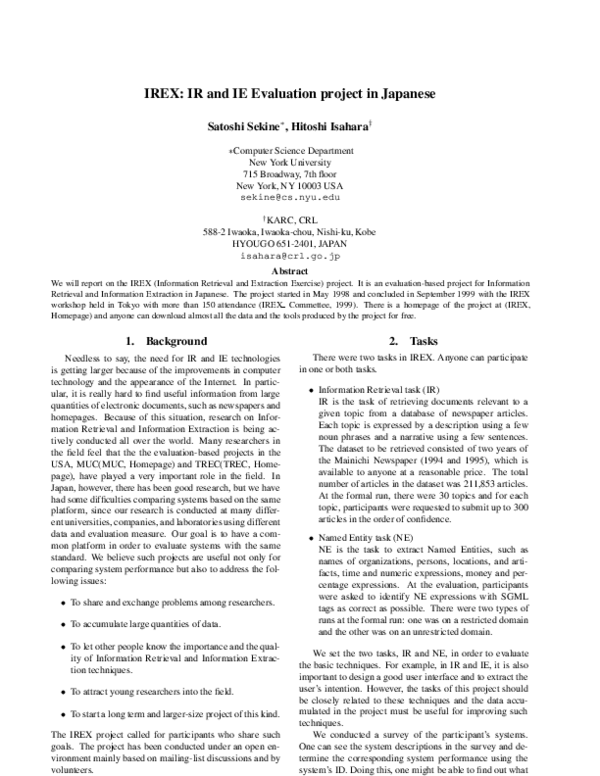 (PDF) IREX: IR & IE Evaluation Project in Japanese