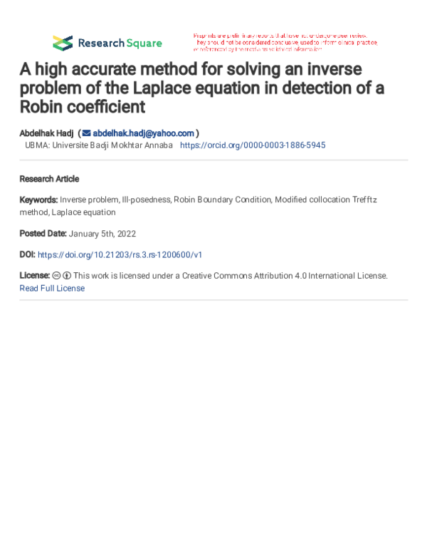 Pdf A High Accurate Method For Solving An Inverse Problem Of The Laplace Equation In Detection