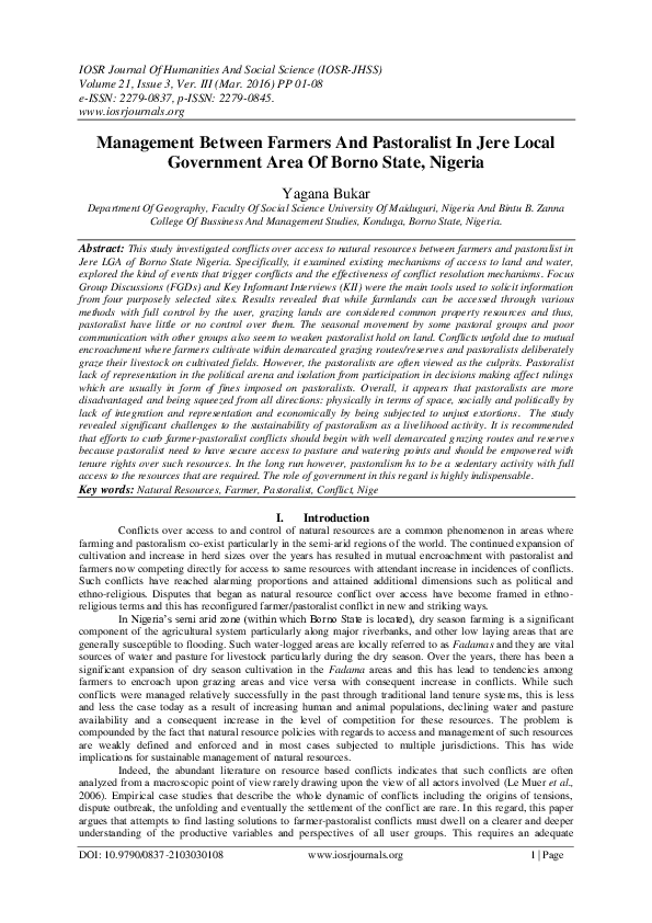 (PDF) Management Between Farmers And Pastoralist In Jere Local ...