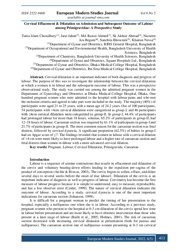 (PDF) Cervical Effacement & Dilatation on Admission and Subsequent ...