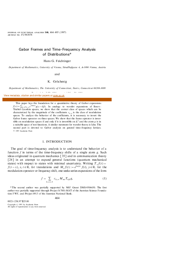 (PDF) Gabor Frames and Time-Frequency Analysis of Distributions