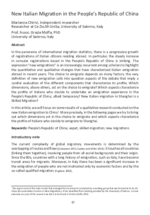 (PDF) New Italian Migration in the People’s Republic of China | Grazia ...