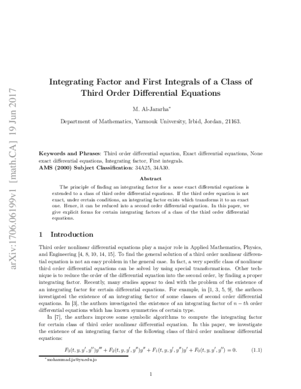 (PDF) Integrating Factor and First Integrals of a Class of Third Order Differential Equations ...