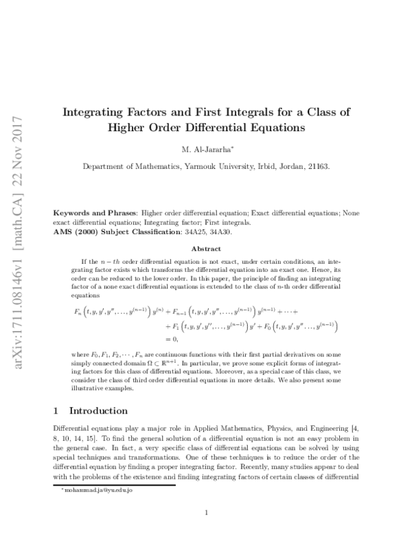 (PDF) Integrating Factors and First Integrals for a Class of Higher Order Differential Equations
