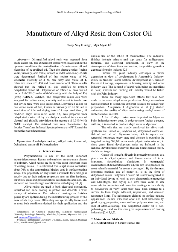 (PDF) Manufacture of alkyd resin from castor oil