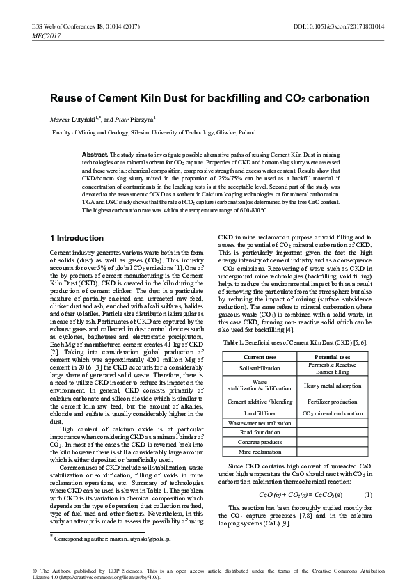(PDF) Reuse of Cement Kiln Dust for backfilling and CO2 carbonation