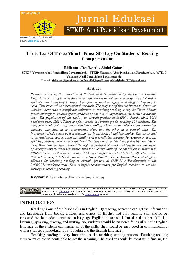 (PDF) The Effect Of Three Minute Pause Strategy On Students' Reading ...