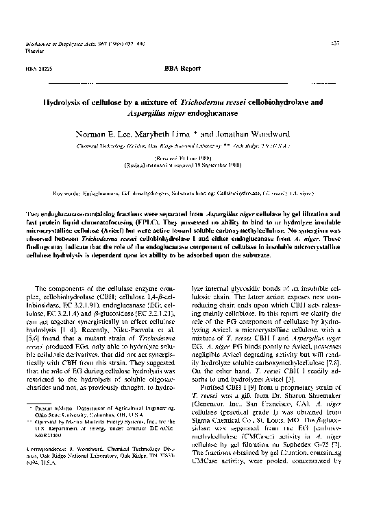 (PDF) Hydrolysis of cellulose by a mixture of Trichoderma reesei cellobiohydrolase and ...