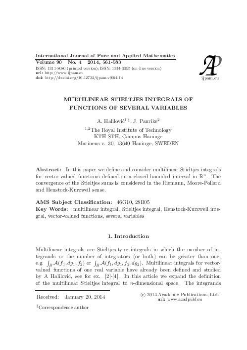 (PDF) Multilinear Stieltjes Integrals of Functions of Several Variables | Johnny Panrike ...