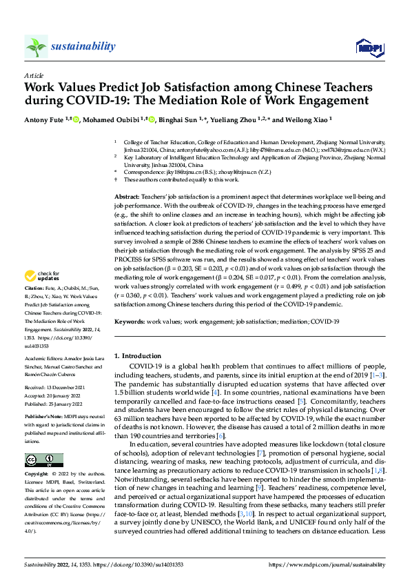(PDF) Work Values Predict Job Satisfaction among Chinese Teachers ...