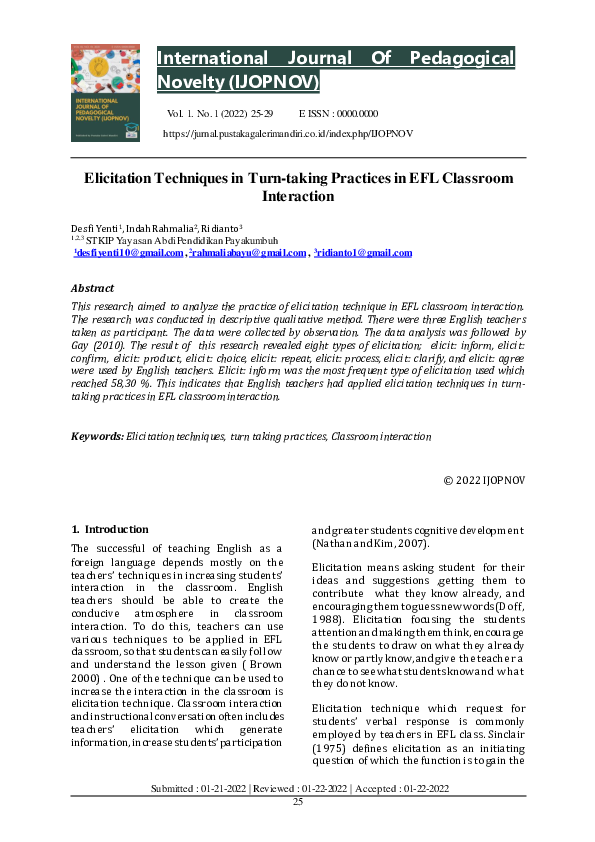 (PDF) Elicitation Techniques in Turn-taking Practices in EFL Classroom Interaction