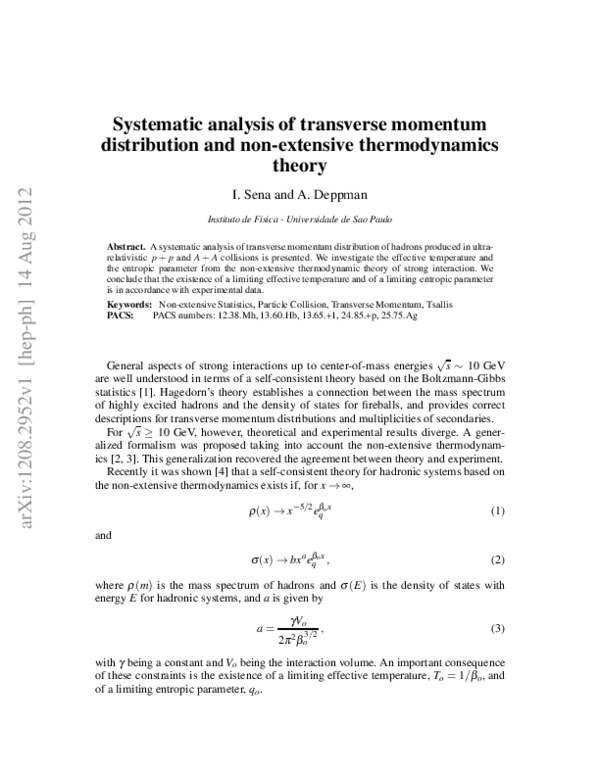 (PDF) Systematic analysis of transverse momentum distribution and non-extensive thermodynamics ...