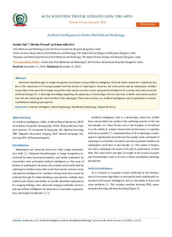(PDF) Artificial Intelligence in Dento-Maxillofacial Radiology (PDF) Artificial Intelligence in Dento-Maxillofacial Radiology