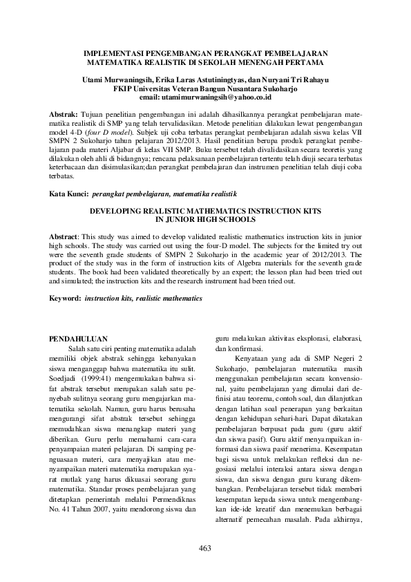 (PDF) Implementasi Pengembangan Perangkat Pembelajaran Matematika Realistik DI Sekolah Menengah ...