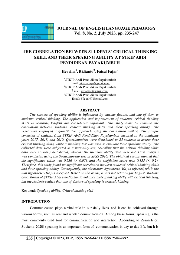 (PDF) THE CORRELATION BETWEEN STUDENTS' CRITICAL THINKING SKILL AND THEIR SPEAKING ABILITY AT ...
