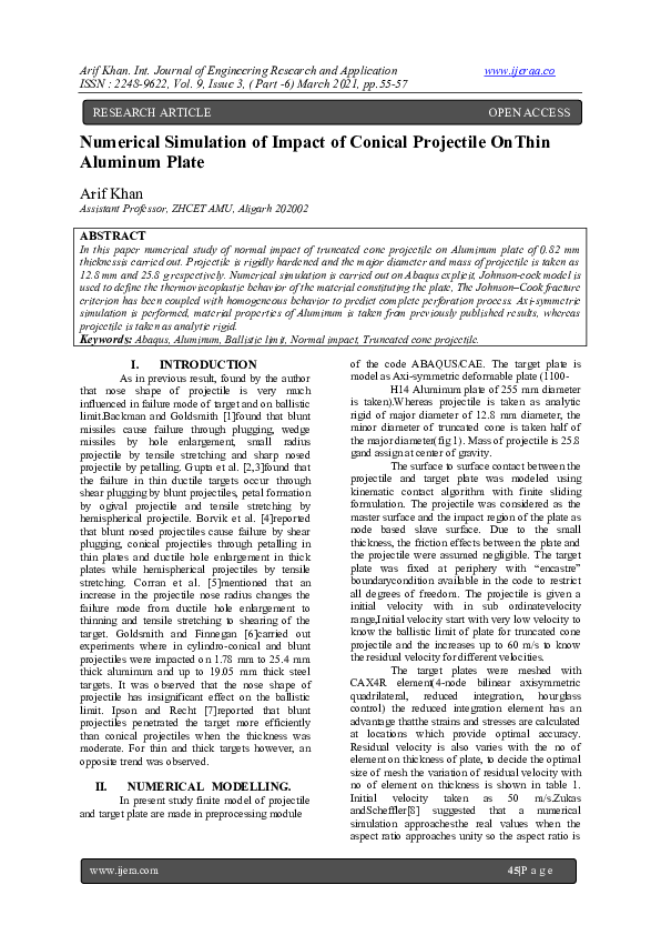 Pdf Numerical Simulation Of Impact Of Conical Projectile On Thin Aluminum Plate