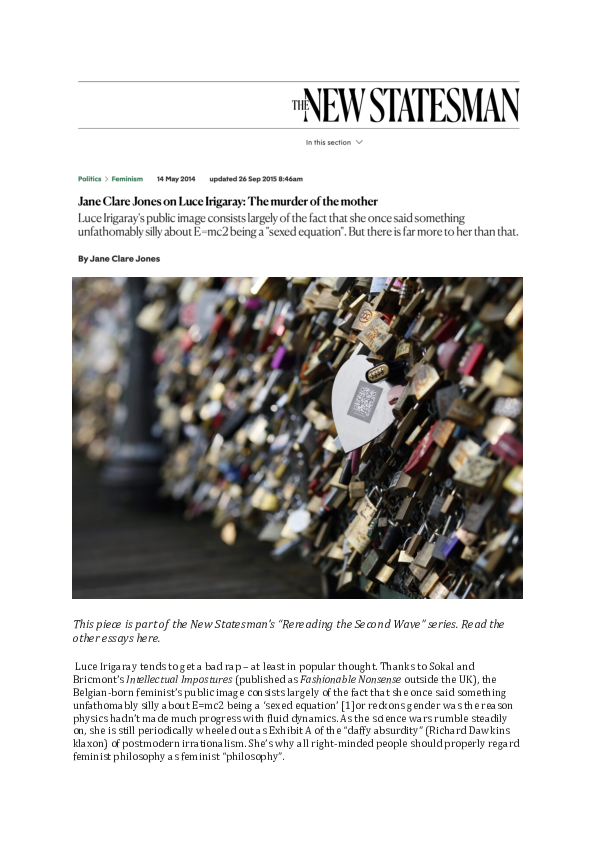 (PDF) Jane Clare Jones on Luce Irigaray The murder of the mother