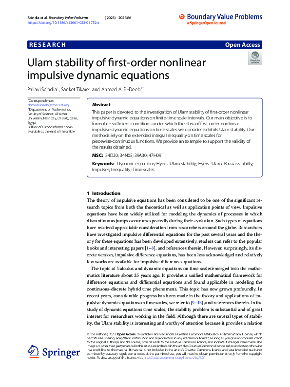 (PDF) Ulam stability of first-order nonlinear impulsive dynamic equations