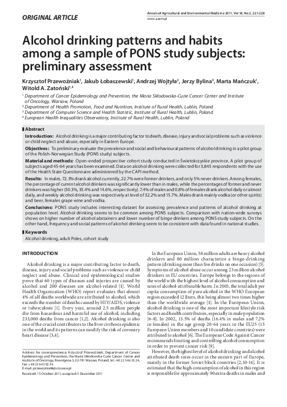 (PDF) Alcohol drinking patterns and habits among a sample of PONS study ...