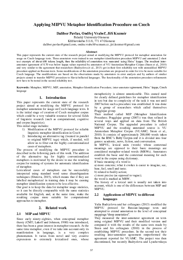 (PDF) Applying MIPVU Metaphor Identification Procedure on Czech (PDF) Applying MIPVU Metaphor Identification Procedure on Czech