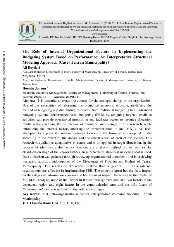 (PDF) The Role of Internal Organizational Factors in Implementing the Budgeting System Based on ...