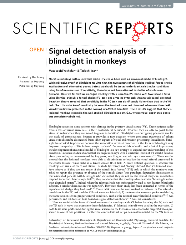 (PDF) Signal detection analysis of blindsight in monkeys