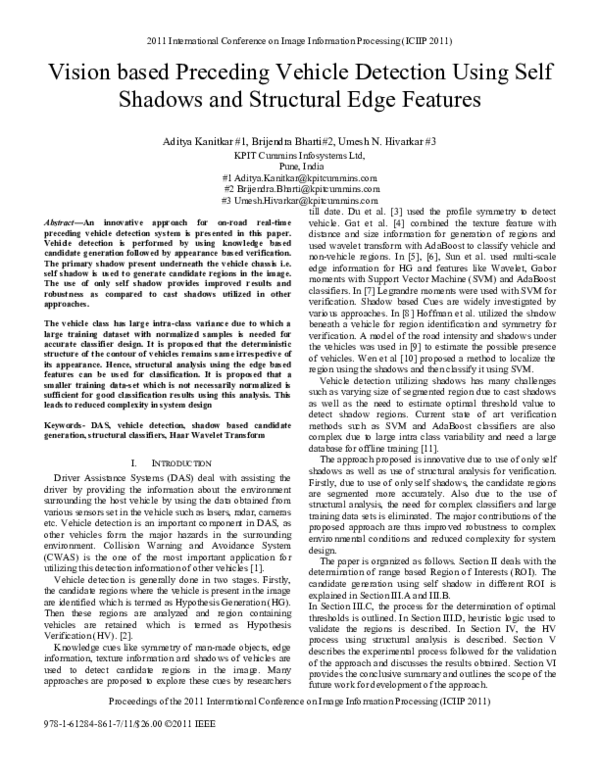 (PDF) Vision based preceding vehicle detection using self shadows and structural edge features
