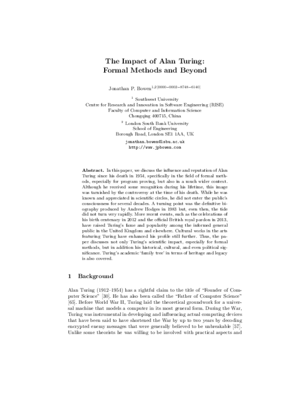 (PDF) The Impact of Alan Turing: Formal Methods and Beyond