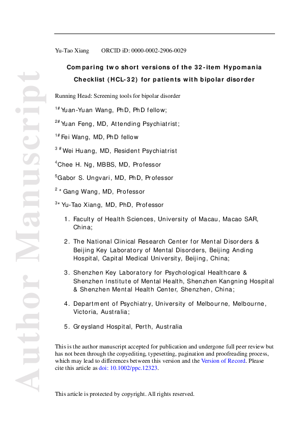 (PDF) Comparing two short versions of the 32‐item Hypomania Checklist ...
