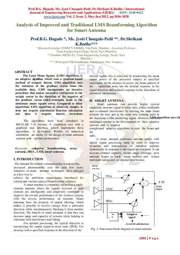 (PDF) Analysis of Improved and Traditional LMS Beamforming Algorithm for Smart Antenna | Balaji ...