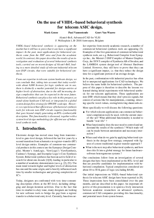 Pdf On The Use Of Vhdl Based Behavioral Synthesis For Telecom Asic Design Mark Genoe 