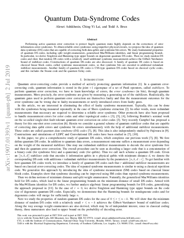 (PDF) Quantum Data-Syndrome Codes