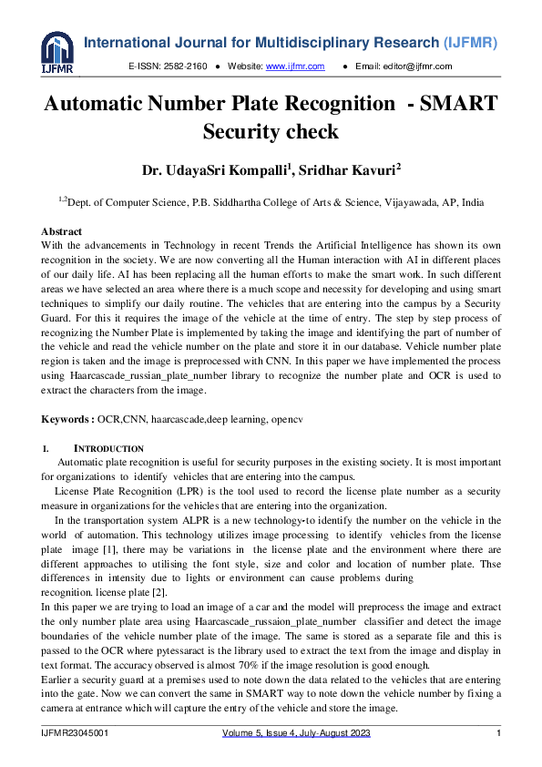 (PDF) Automatic Number Plate Recognition - SMART Security check | SRIDHAR KAVURI - Academia.edu