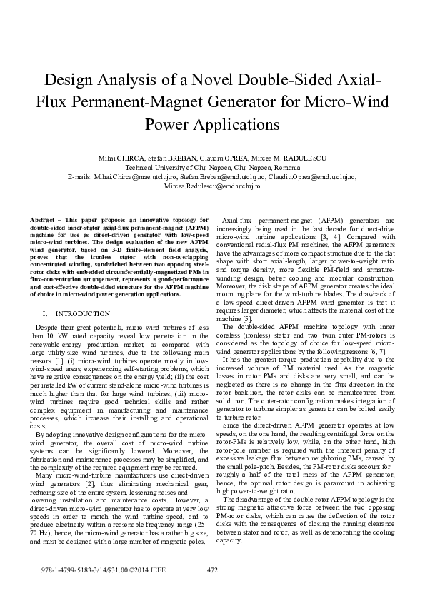 Pdf Design Analysis Of A Novel Double Sided Axial Flux Permanent Magnet Generator For Micro
